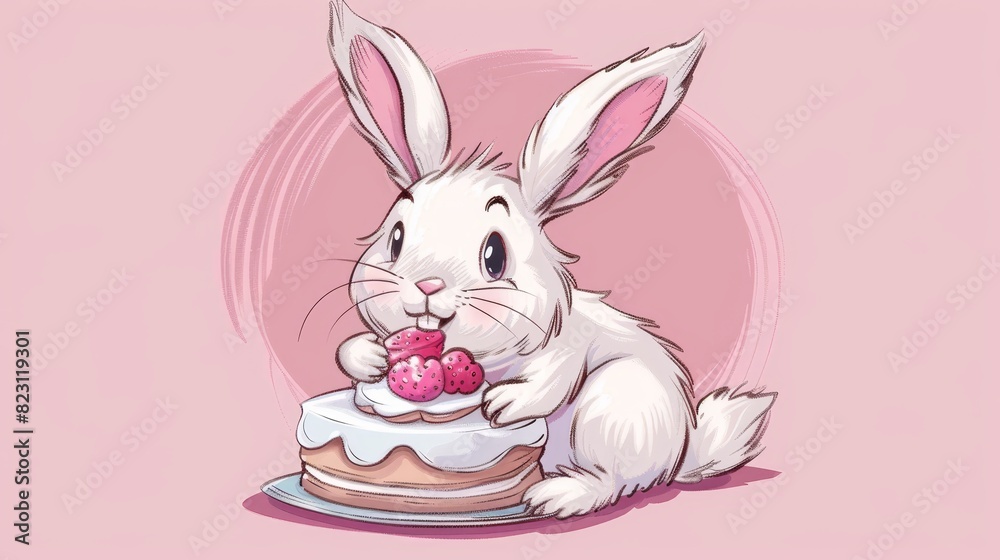 Cartoon illustration showing a cute rabbit eating dessert Stock ...