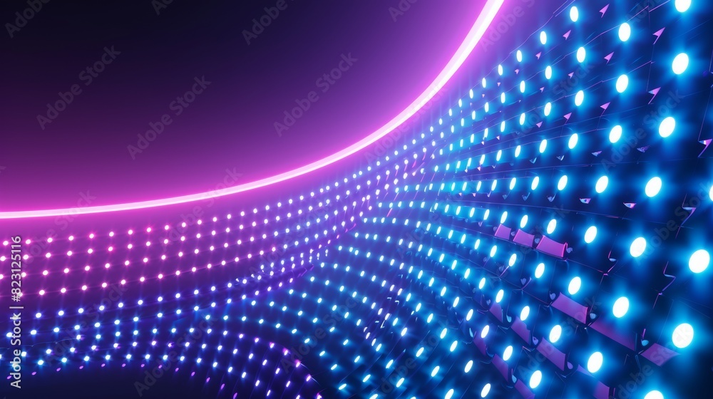 The concave led video screen is lit with blue and purple dots. Modern ...