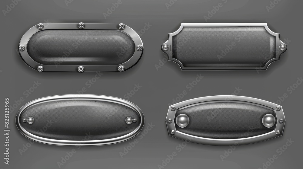 Blank steel or silver plates mockup, name plaques empty mockup on ...