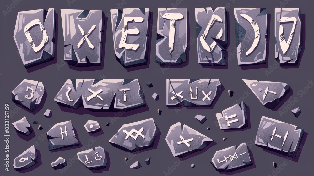 An alphabet of Viking runes with ancient runic signs on grey rock ...