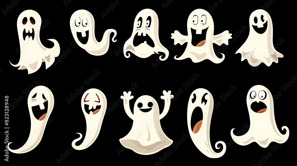A modern cartoon illustration of flying white phantoms with different ...