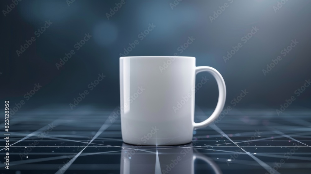 An elegant white ceramic mug. Front view, lying on its side, and at the ...