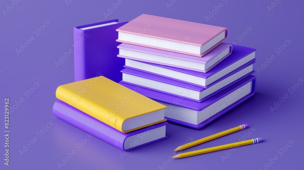 An illustration of a book stack with textbooks, a pencil and a pen ...