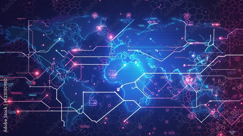 A vibrant cyber map featuring neon lines and data connections across a ...