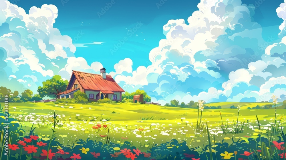 The summer countryside with a house, farms, and fields under a blue sky ...
