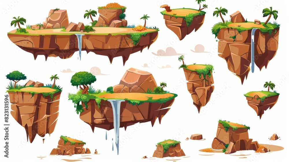 Game landscape concept of flying rock islands. Cartoon floating ...