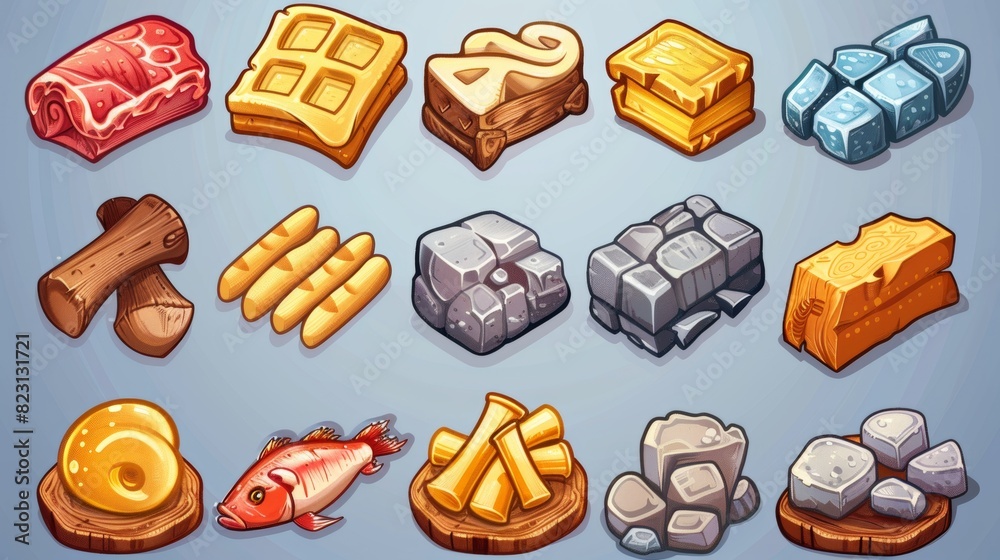 There are icons related to food, stone, wood, gold and books. Inputs ...