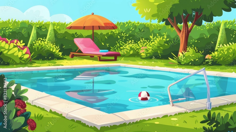 Cartoon illustration of family party in a back yard swimming pool with ...