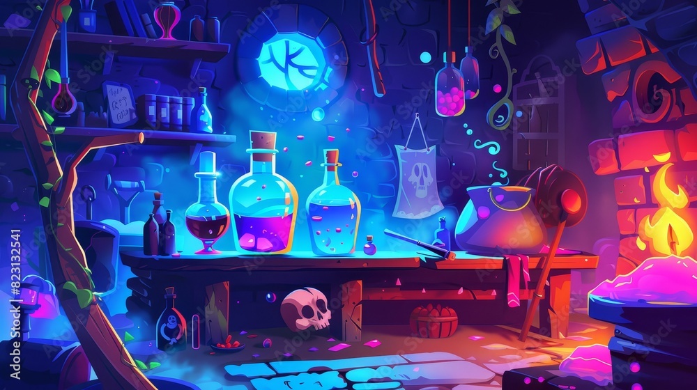 Animated alchemist table in a witch's house cartoon. Illustration of ...