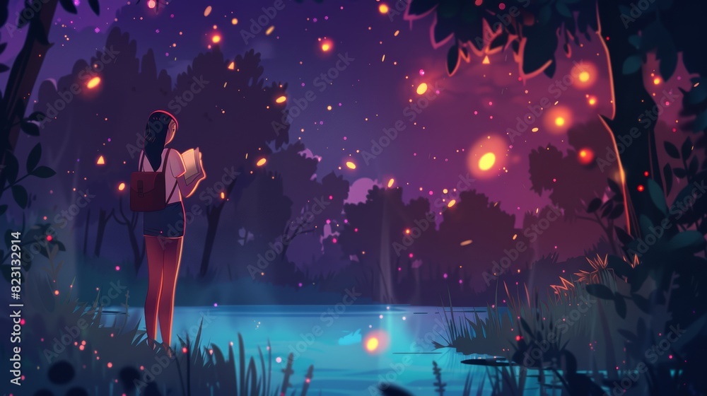 Animated modern illustration of a teenage girl holding a magic book ...