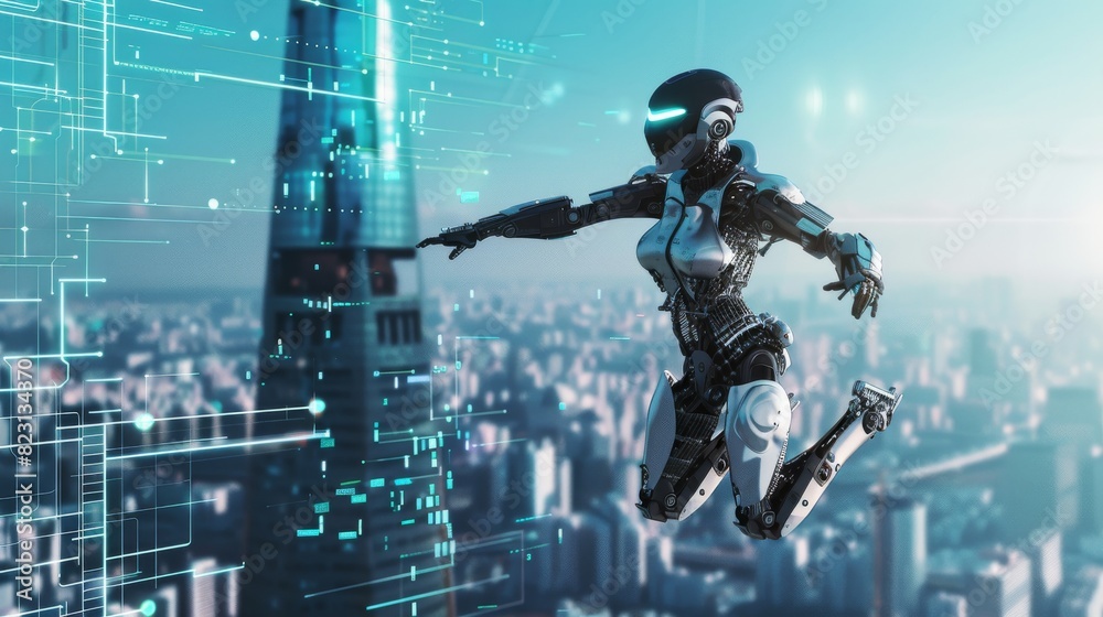 Cyborg woman in superhero iron suit taking off from futuristic city ...