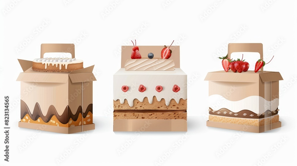 The cardboard cake boxes are isolated on white background. Modern ...