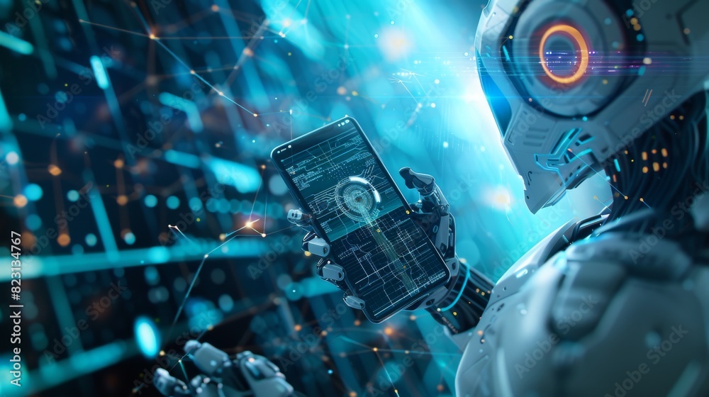 The artificial intelligence robot is looking at a logo AI hanging over ...