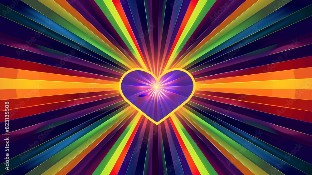 Pride flag colors in a starburst pattern with a glowing rainbow heart ...