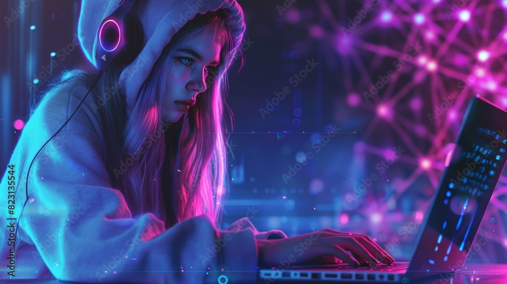 Video gamer girl with laptop in dark room with neon lights. Girl teen ...
