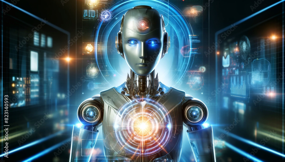 An AI-driven futuristic robot with glowing blue elements, in a high ...