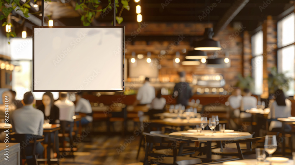 Blurred restaurant interior with a hanging sign background for food and ...