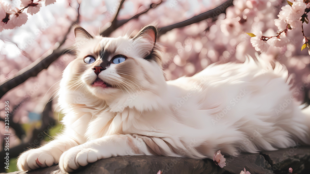Ragdoll cat under the cherry blossom tree sunbathing happily, rolling ...