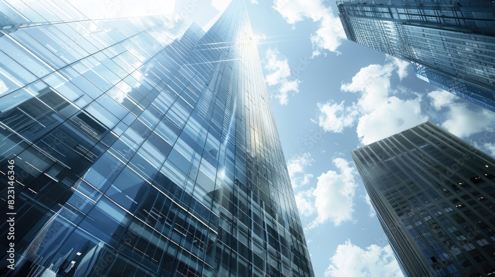 An angled view of a futuristic office tower with glass facades, with ...