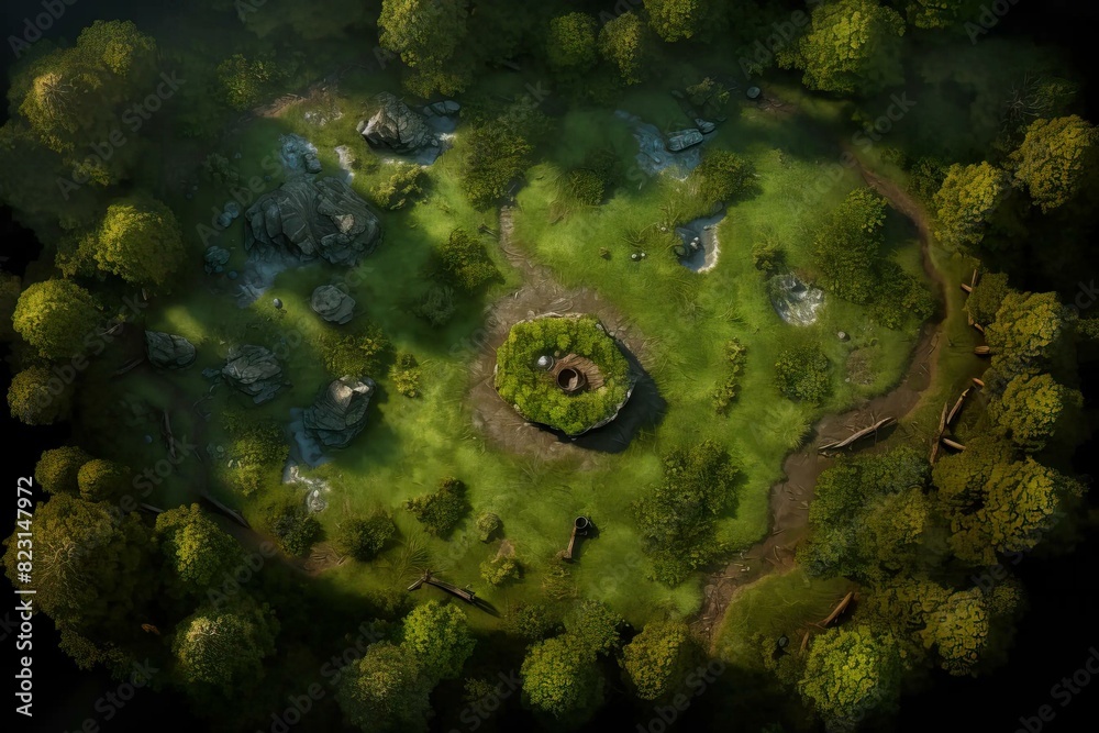 DnD Battlemap Forest_Clearing_Battlemap: Military strategy map with various terrain features ...