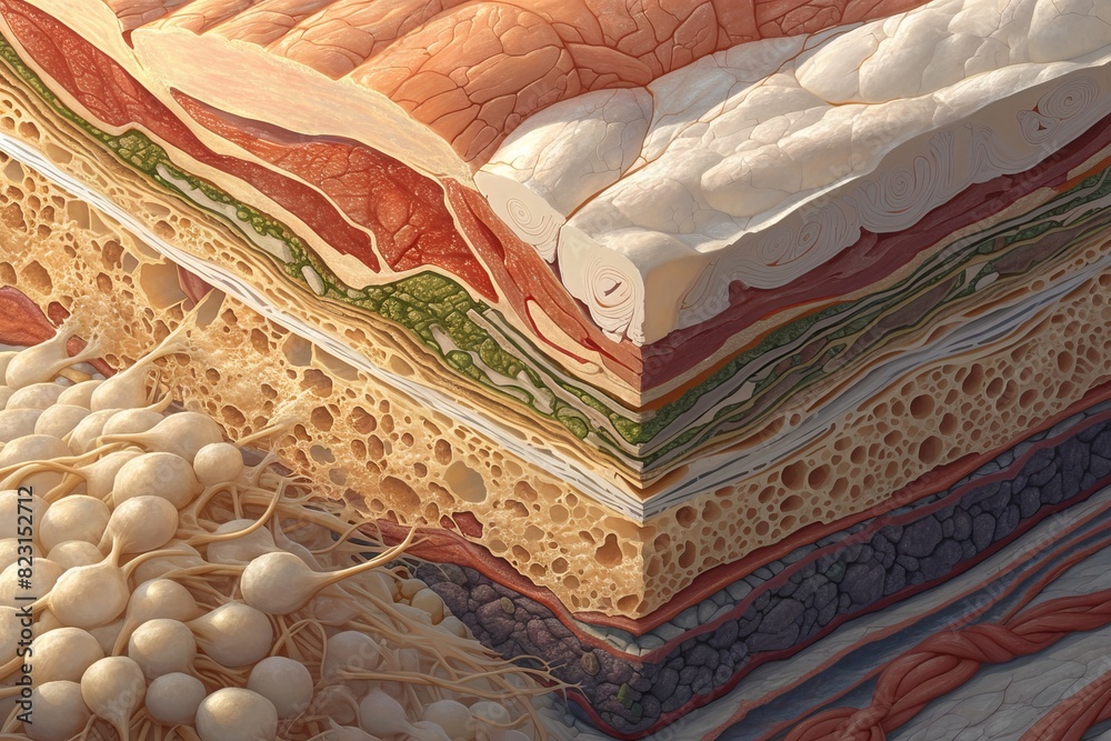 Detailed cross-sectional illustration of human skin layers showing the ...