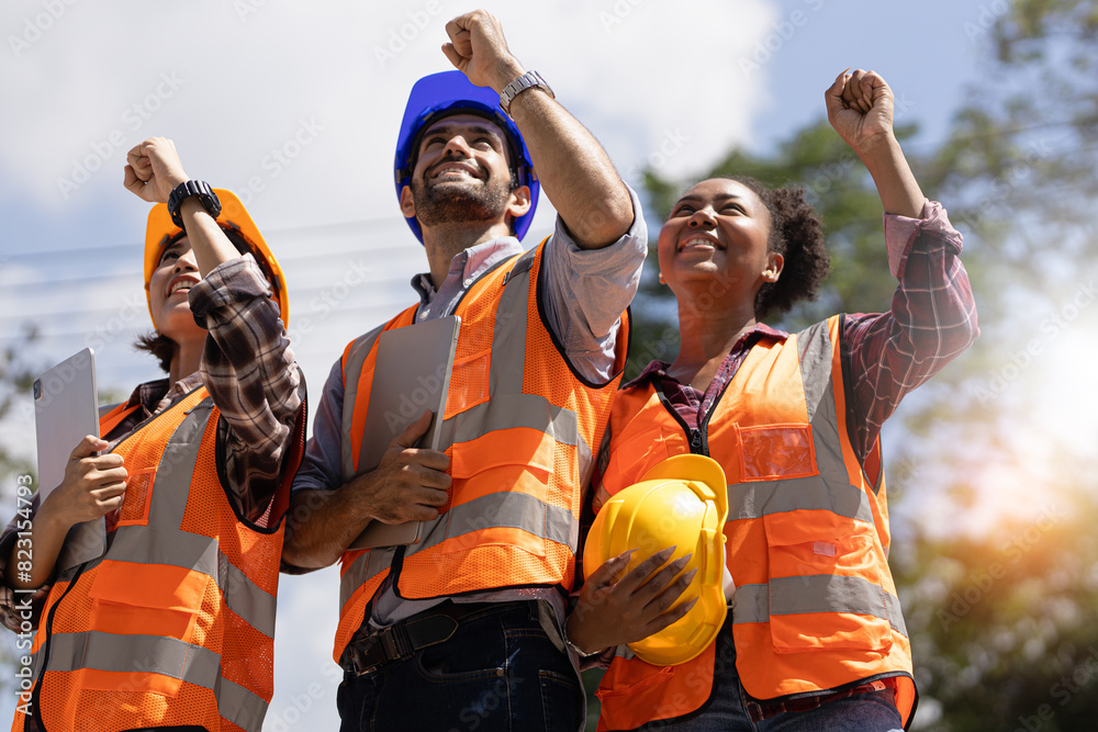 Construction worker, hands and thumbs up by team at construction site ...