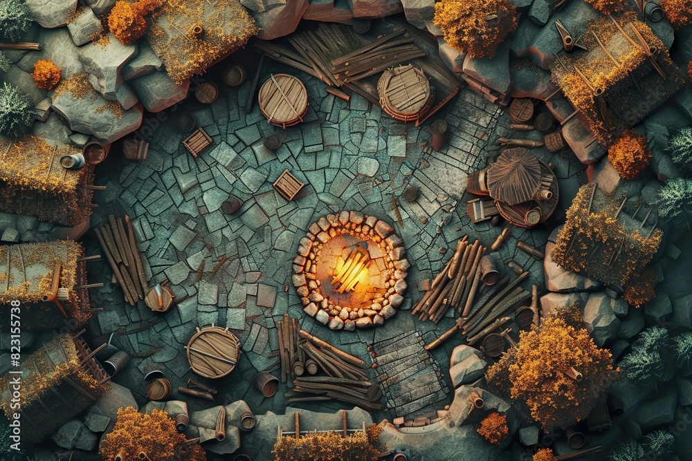 DnD Battlemap Fire Camp Battlemap: Colorful trolls at a campfire. Stock ...