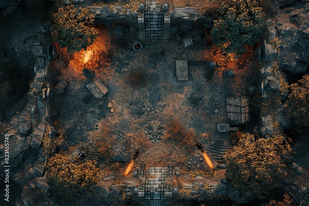DnD Battlemap Fire Camp Battlemap: A detailed battle scene with a fire ...