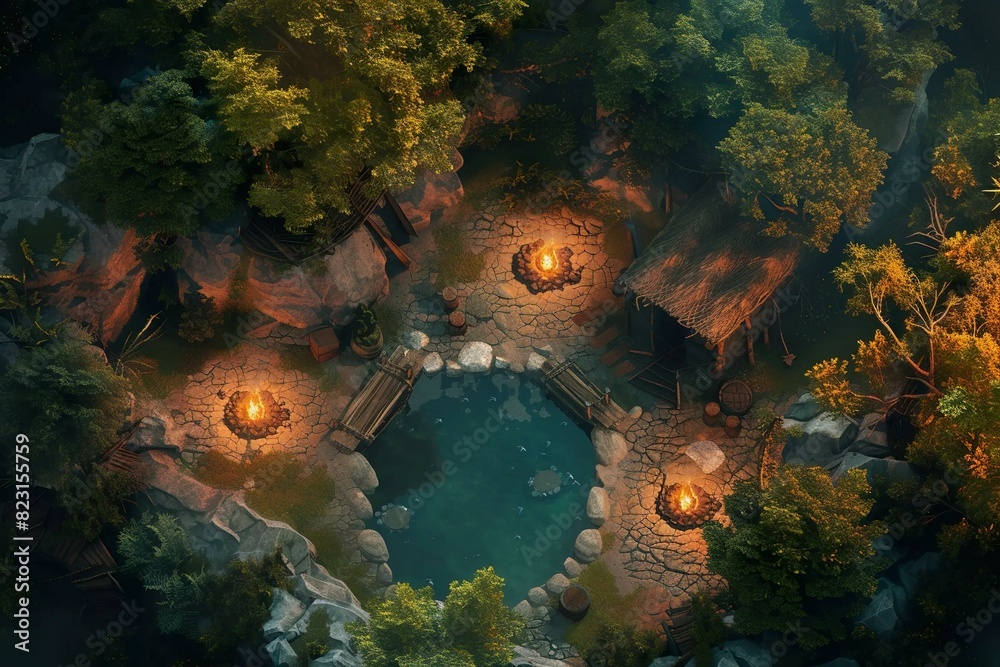 DnD Battlemap Fire Camp Battle Map: Trolls ambush near flames. Stock ...