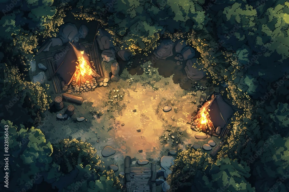 DnD Battlemap Warm Fire Camp Battlemap - A cozy campsite with crackling ...
