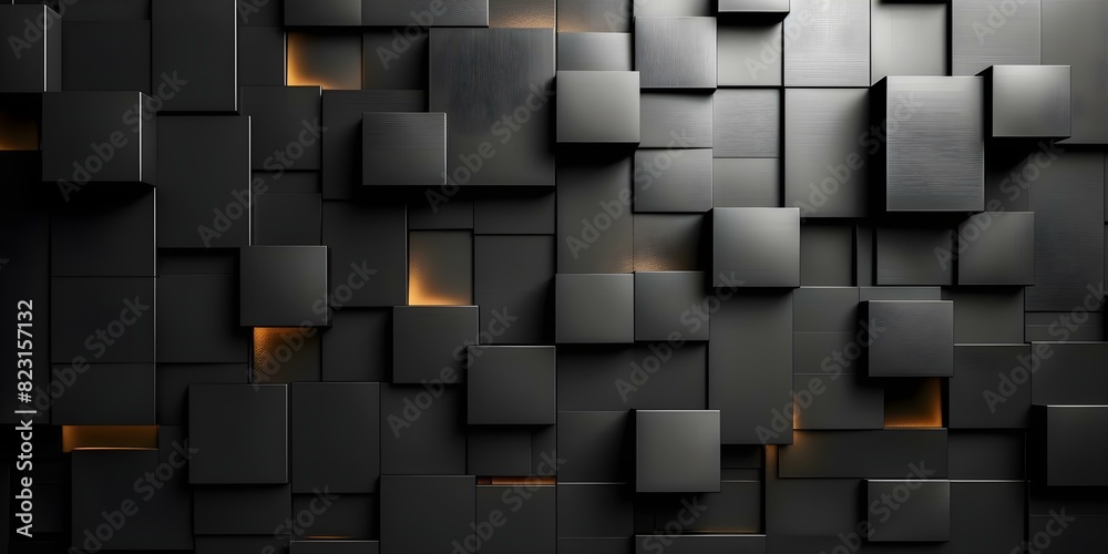 Abstract black wall squares in various sizes and shapes create ...
