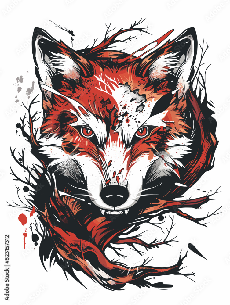 A fox with red fur and black eyes is surrounded by branches. The fox ...