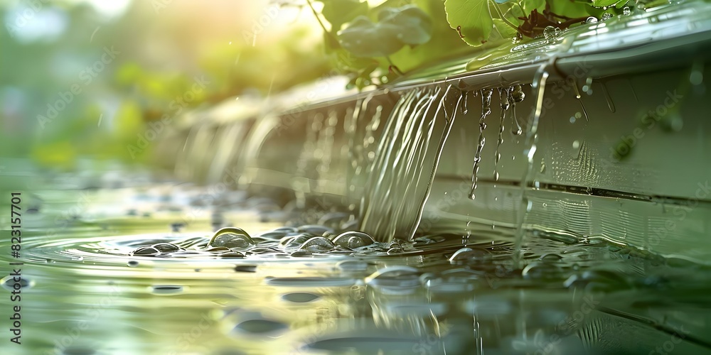 Closeup of rainwater harvesting system collecting and storing water for ...