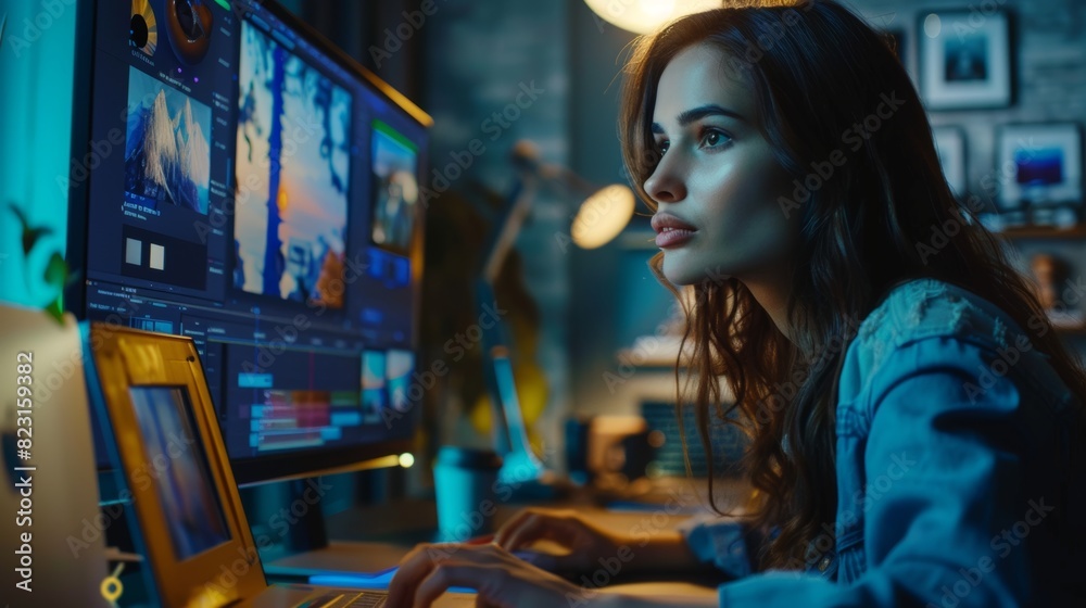 An experienced photographer edits photos of a beautiful girl on his ...