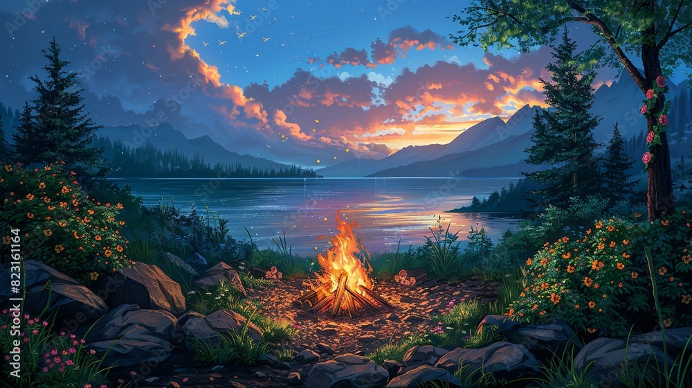 Summer Time, Campfire Gathering with Flower Garland: An illustration of ...