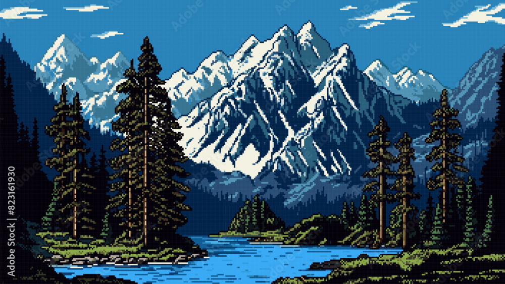 8 bit pixel art lake and snowy mountains landscape. Ai generated game ...