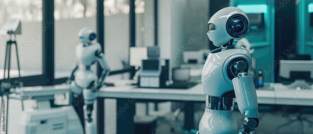 AI Robots Positioned at Workstations in Tech Office Stock Photo | Adobe ...