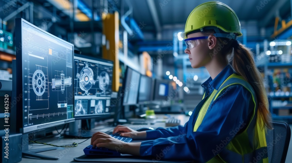 The beautiful female engineer was working on a computer in a high-tech ...