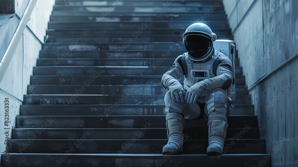 Emotionally Depressed Spaceman in White Futuristic Suit with ...