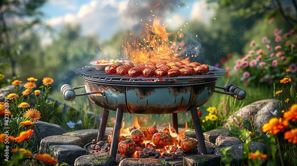 Summer Time, Pastel BBQ Grill with Spring Flowers: A cheerful drawing ...