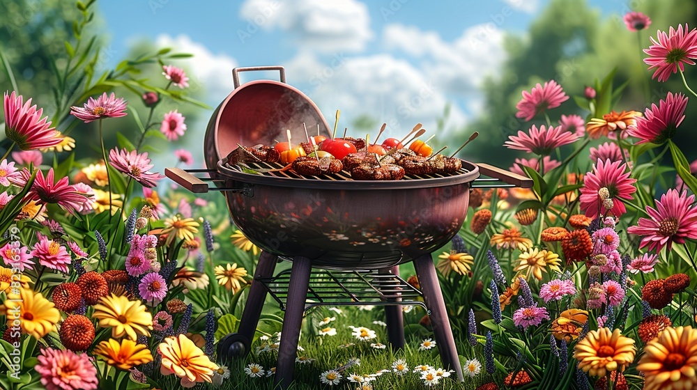 Summer Time, Pastel BBQ Grill with Spring Flowers: A cheerful drawing ...