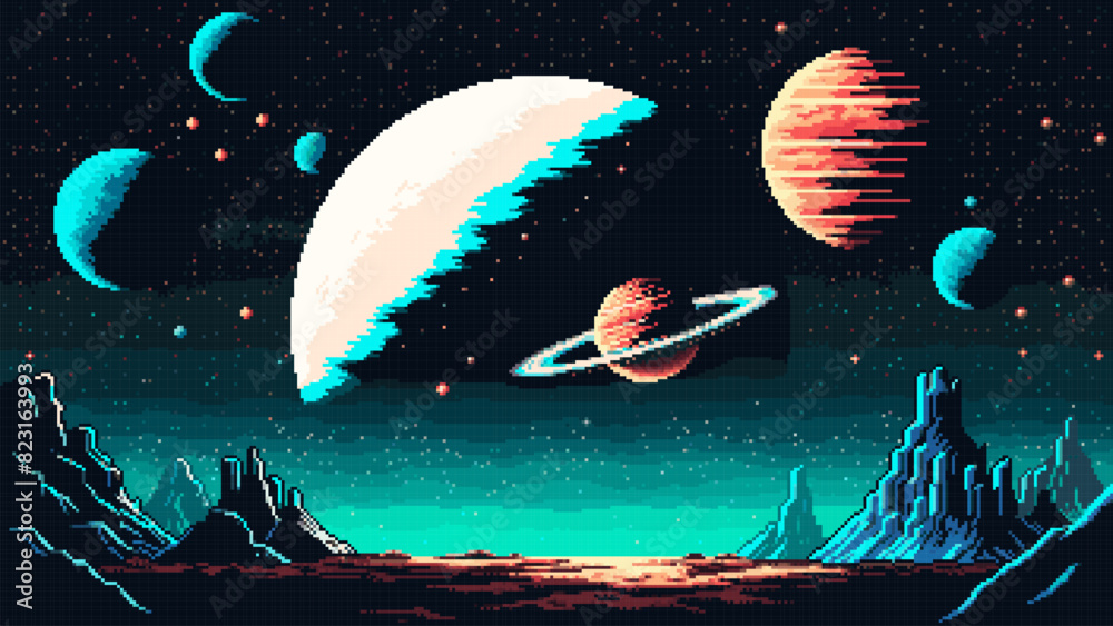 8 bit pixel art space planet surface and galaxy landscape. Ai generated ...
