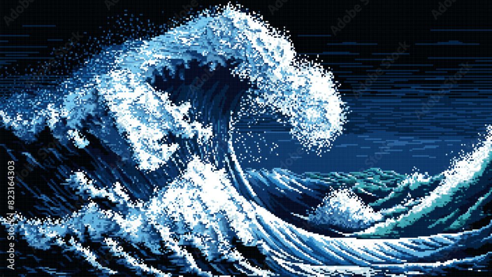 8 bit pixel art tsunami wave at night sea landscape. Ai generated game ...