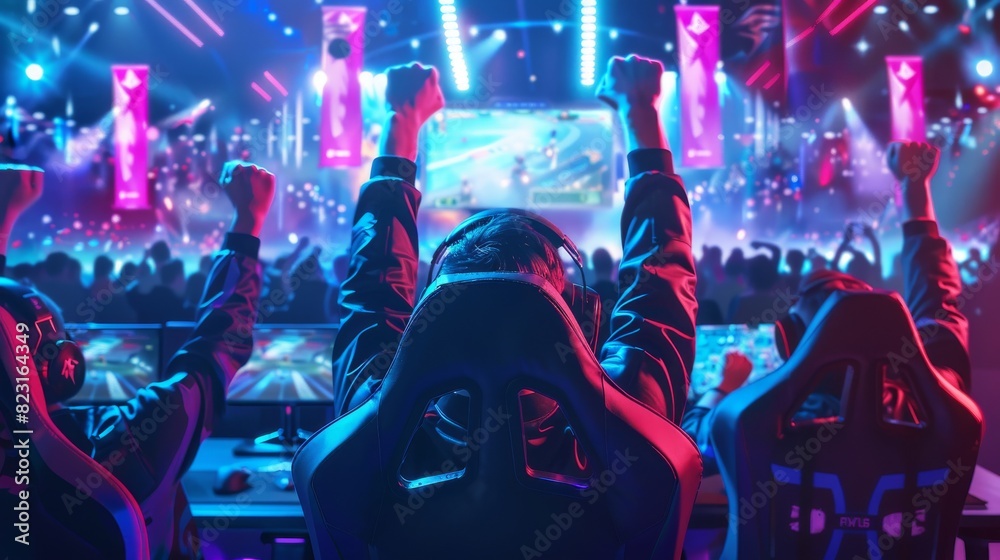 The Esport Team enters the video game championship arena. A huge crowd ...