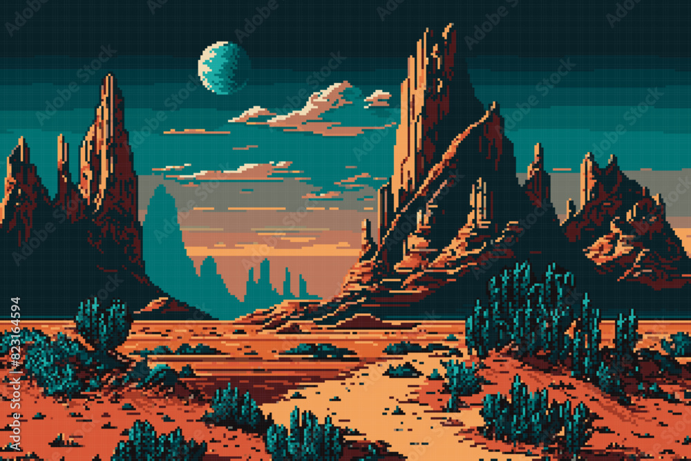 Generative AI Wild West desert and mountains landscape. 8bit pixel art ...
