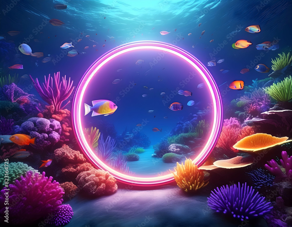 an ethereal underwater scene featuring a vibrant neon circle emitting a ...
