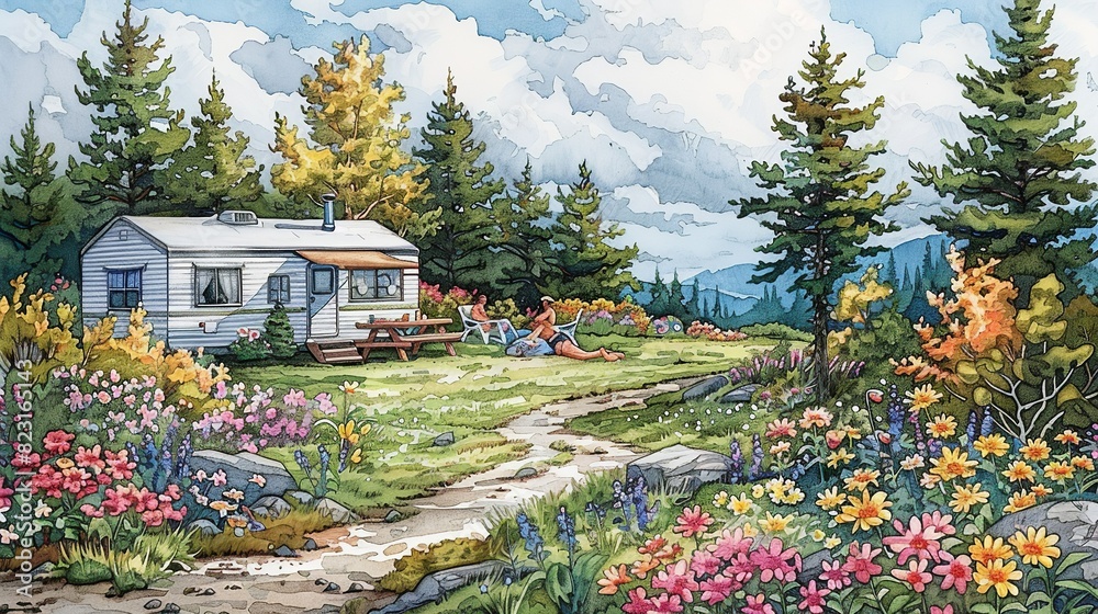 Summer Time, Relaxing at a Pastel Campground: A serene drawing of ...