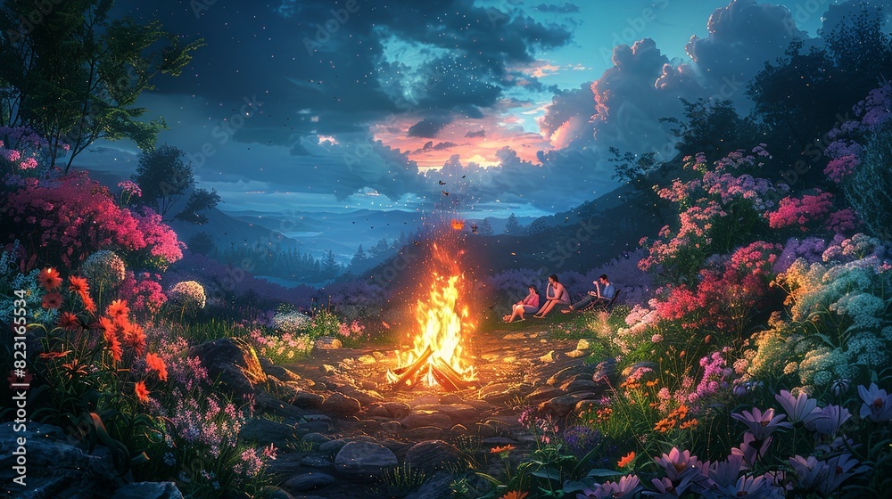 Summer Time, Spring Bonfire with Pastel Flowers: An illustration of a ...