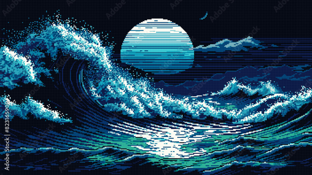 8 bit pixel art big sea waves and moon landscape. Ai generated game ...