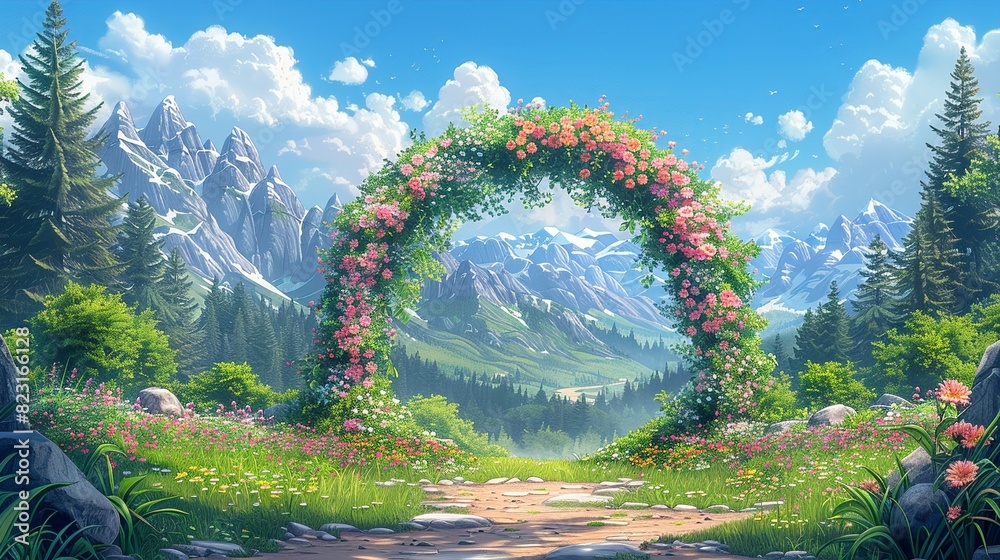 Summer Time, Spring Flower Arch at Camp Entrance: An illustration of a ...